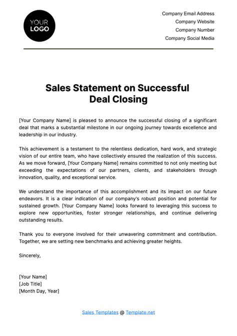 Free Sales Statement On Successful Deal Closing Template To Edit Online