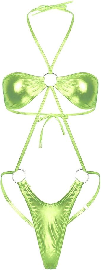 Renvena Damen Einteiler Badeanzug Micro Bikinis Glänzend Metallic
