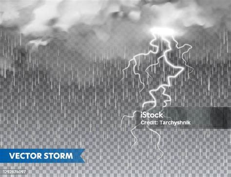 투명 한 배경에 구름과 번개와 현실적인 비 뇌우 폭풍우 날씨 효과 강우량 물 방울 효과 가을 젖은 비오는 날 벡터 일러스트레이션 추상적인에 대한 스톡 벡터 아트 및 기타