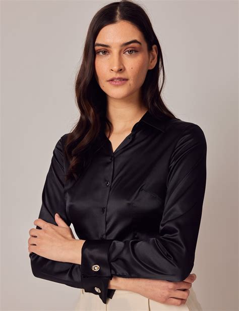Womens Black Fitted Satin Shirt Double Cuffs