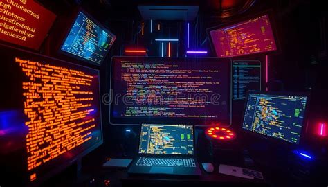 Cyberpunk Hacker Room Setup Multiple Screens Tech Workspace