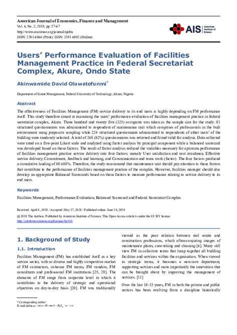 Pdf Users Performance Evaluation Of Facilities Management Practice In Federal Secretariat