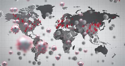 Image Of Virus Cells Over World Map And Grey Background Stock