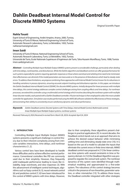 Pdf Dahlin Deadbeat Internal Model Control For Discrete Mimo Systems