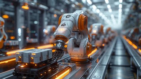 Futuristic Automated Assembly Line In Robotics Factory Generative Ai