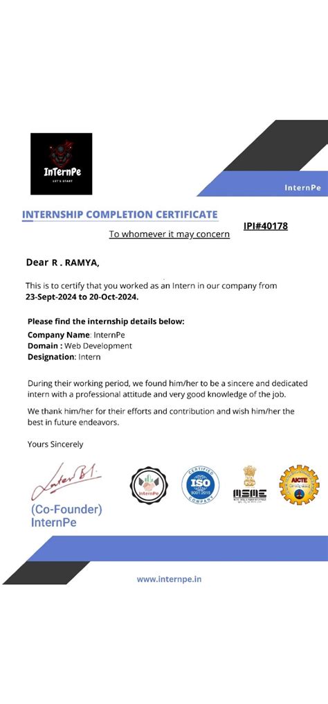 Ramya Ramya On Linkedin Internship Internpe Web