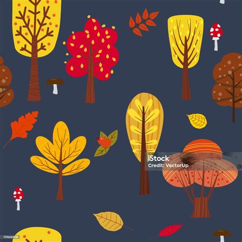 트렌디 한 만화 플랫 스타일에 잎과 버섯 일러스트와 원활한 나무 패턴 숲 숲 10월에 대한 스톡 벡터 아트 및 기타 이미지 10월 9월 가을 Istock