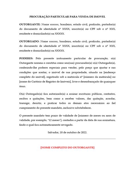 Procuração Particular Para Venda De Imovel Pdf