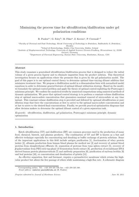 Pdf Minimizing The Process Time For Ultrafiltration Diafiltration Under Gel Polarization