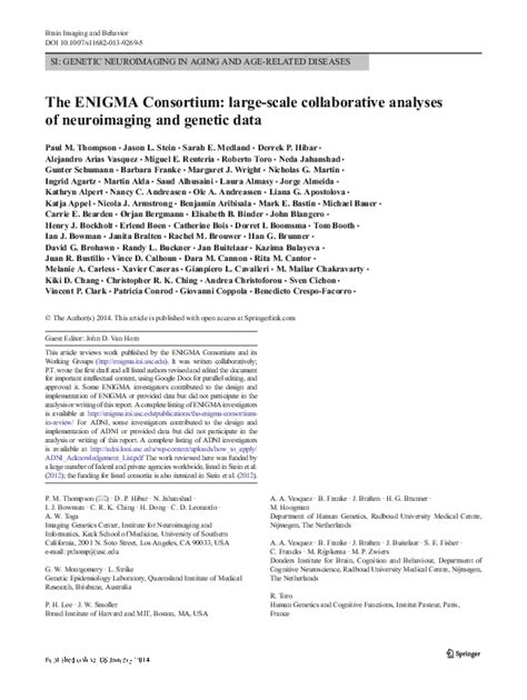 Pdf The Enigma Consortium Large Scale Collaborative Analyses Of Neuroimaging And Genetic Data