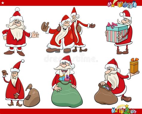 Cartoon Santa Clauses Characters Set On Christmas Time Stock Vector
