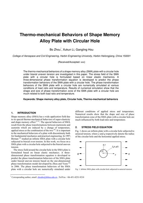 PDF Thermo Mechanical Behaviors Of Shape Memory Alloy Plate With Circular Hole