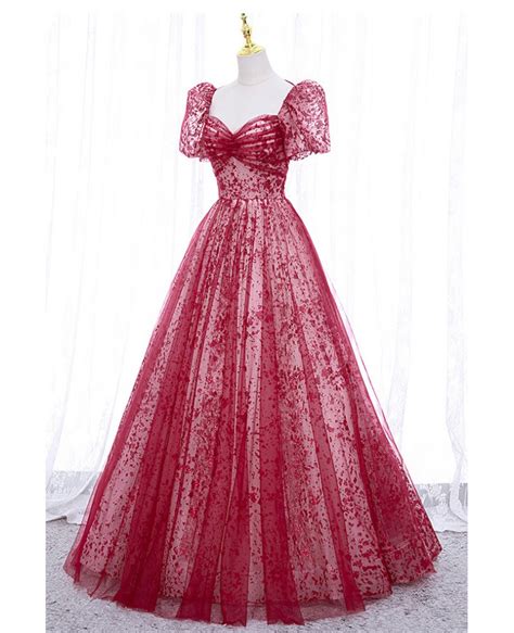 Burgundy Flowy Long Tulle Prom Dress With Sleeves Mx17042