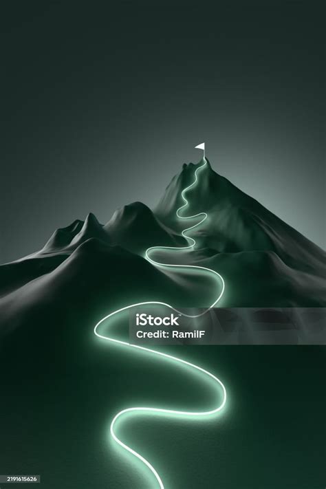 미래 지향적인 산의 정상에 깃발로 이어지는 빛나는 길 성공 성장 및 목표 달성의 개념 3d 일러스트레이션 복사 공간 3차원 형태에 대한 스톡 사진 및 기타 이미지 Istock