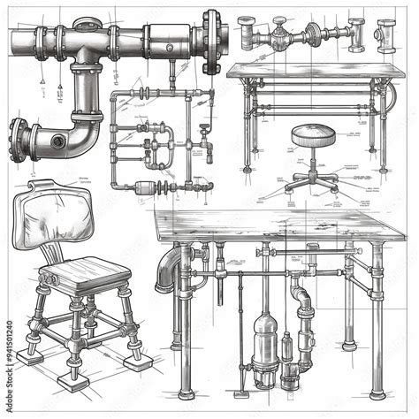 Detailed Technical Blueprint Of Industrial Table And Chair Design With Precise Measurements And