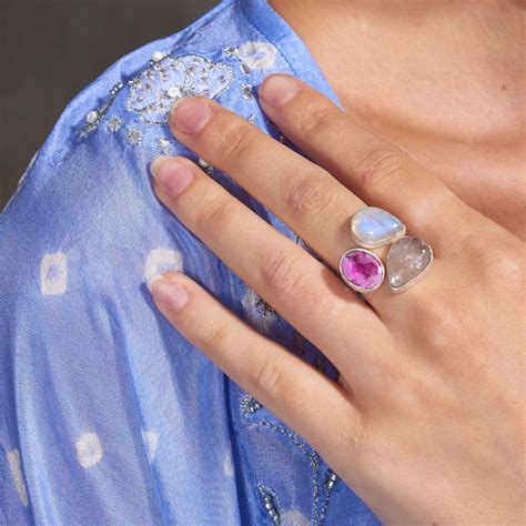 Ruby Moonstone And Rose Quartz Gemstone Ring Poppy Jewellery
