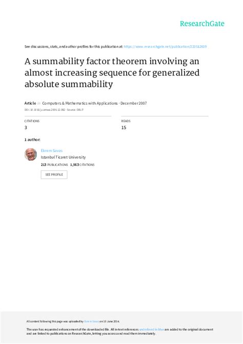 Pdf A Summability Factor Theorem Involving An Almost Increasing Sequence For Generalized