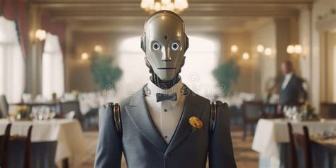 Robot Waiter Wearing A Suit In A Restaurant Setting Ai Generated Stock
