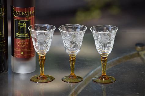 7 Vintage Amber Etched Wine Cordials Glasses After Dinner Drink Wine