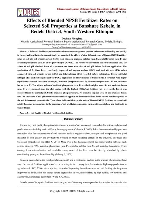 Pdf Effects Of Blended Npsb Fertilizer Rates On Selected Soil