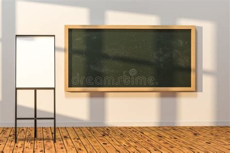 A Classroom With A Blackboard In The Front Of The Room 3d Rendering