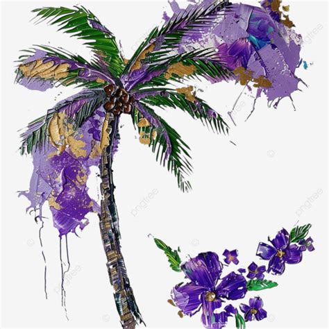 抽象棕櫚樹畫與紫色的花朵 绘画 抽象的 棕櫚樹png去背圖片素材免費下載，免摳圖設計圖案下載 Pngtree