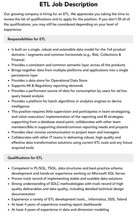 Etl Job Description Velvet Jobs