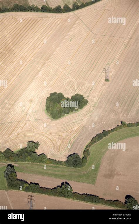 Aerial View North East Of Country Fields Trees Electricity Pylons Hertfordshire England UK High