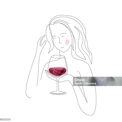 레드 와인 잔을 가진 소녀 흰색 배경에 격리된 연속 선 벡터 그림 와인을 마시는 여자의 선형 실루엣 벡터 그림 와인에 대한 스톡