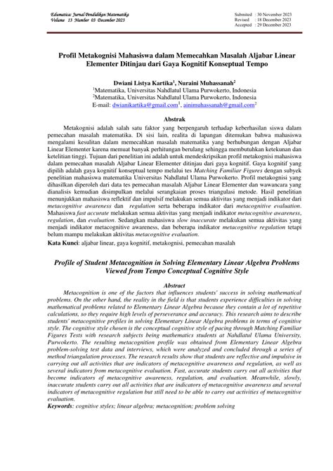 PDF Profile Of Student Metacognition In Solving Elementary Linear
