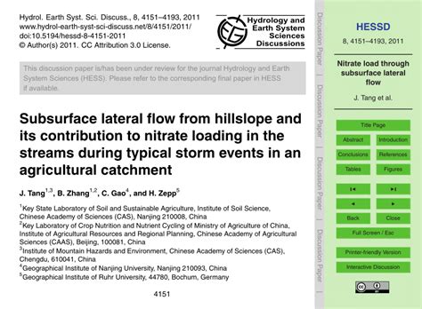 Pdf Subsurface Lateral Flow From Hillslope And Its Contribution To Nitrate Loading In The