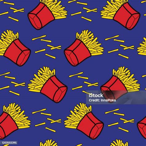 빨간 상자에 감자 튀김 매끄러운 패턴 파란색 배경입니다 패스트 푸드 스낵 벡터 벽지 0명에 대한 스톡 벡터 아트 및 기타 이미지 0명 감자 요리 건강에 좋지 않은