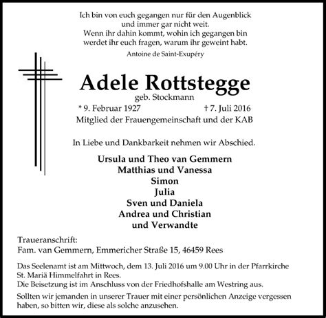 Traueranzeigen Von Adele Rottstegge Trauer In Nrwde