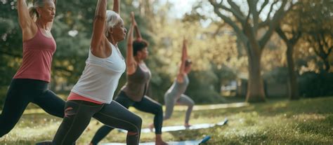 A Group Of Older Women Doing Yoga In Nature Premium Ai Generated Image