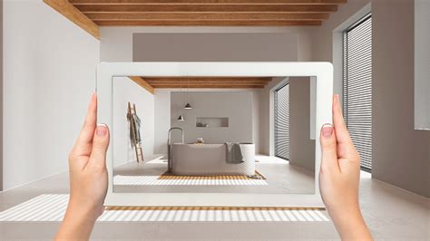 증강 현실 개념입니다 Ar 응용 프로그램이 있는 핸드 홀딩 태블릿은 빈 나무 인테리어 Japandi 최소한의 욕실에서 가구를 시뮬레이션하고 제품을 디자인하는 데 사용됩니다