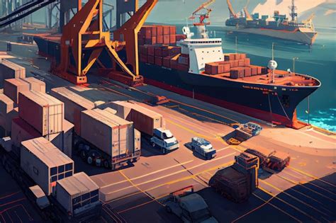 premium ai image cargo port with busy scene of loading and unloading