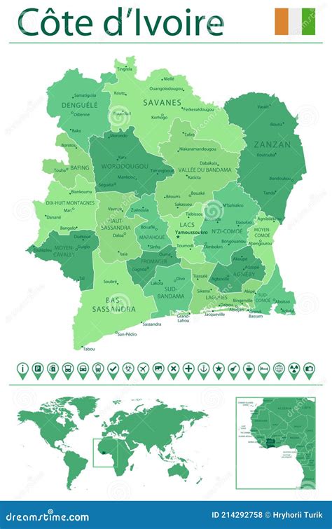 Cote D`ivoire Detailed Map And Flag Ivory Coast On World Map Stock