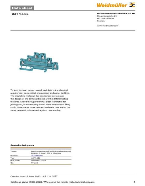 Weidmuller Push In Terminal Blocks Datasheets Mouser