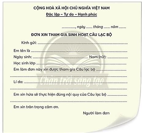 Hoàn Thành đơn Xin Tham Gia Sinh Hoạt Câu Lạc Bộ Theo Mẫu Dưới đây