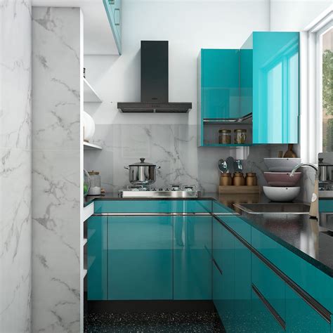 L Shaped Modern Kitchen Design With High Gloss Cabinets And Granite