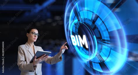 BIM Building Information Modeling Technology Concept Woman Pressing Button On Virtual Screen