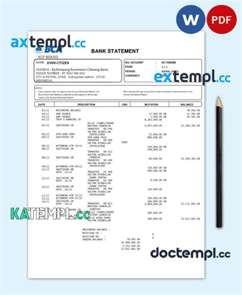 Sample Indonesia Bca Bank Statement Word And Pdf Template Download