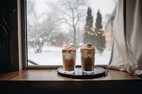 Premium Photo Cozy Winter Scene With Snow And Iced Coffee Lattes