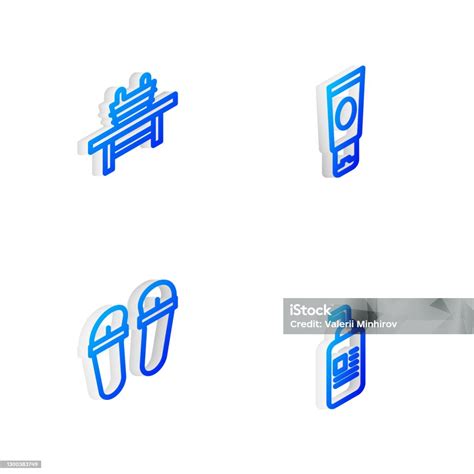 버킷 플립 플롭과 아이콘이있는 아이소메트릭 라인 크림 또는 로션 화장품 튜브 사우나 벤치를 설정합니다 벡터 3차원 형태에 대한 스톡 벡터 아트 및 기타 이미지 Istock
