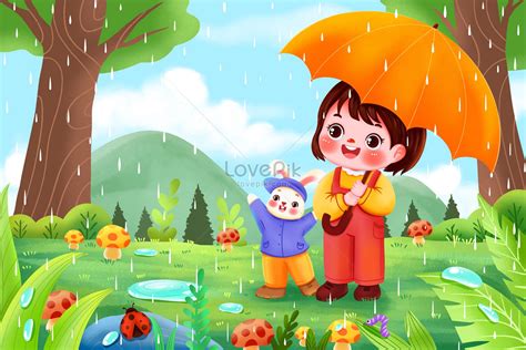 비오는 날 우산을 들고 비를 바라보는 소녀와 토끼의 그림 일러스트 무료 다운로드 Lovepik