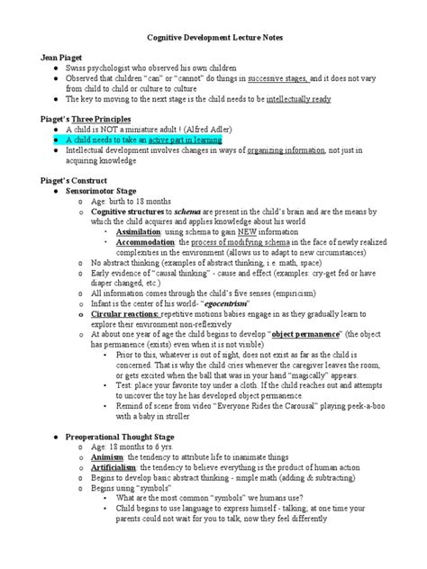 Cognitive Development Jean Piagets Construct Lecture Notes Revised Pdf Cognitive