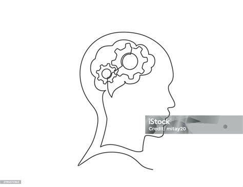 내부에 기어가 있는 인간의 머리 연속 한 선 그리기 창조적 인 두뇌 과정과 기술 진보의 개념 얇은 선형 스타일로 인체의 톱니 바퀴 0명에 대한 스톡 벡터 아트 및 기타