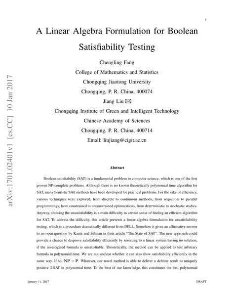 Pdf A Linear Algebra Formulation For Boolean Satisfiability Testing