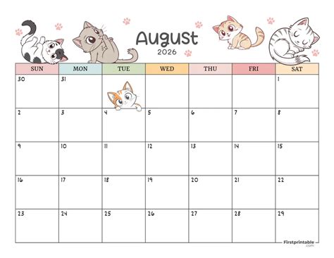 August 2026 Calendars Free Printable And Fillable