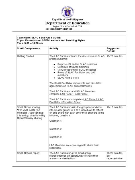 Lac Teachers Slac Session 1 Guide Pdf Learning Cognition